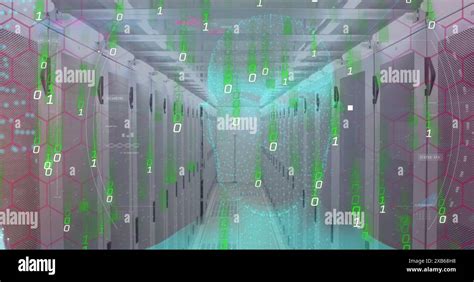 rows of servers in data center with green binary code overlay stock
