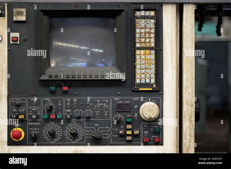 Old Lathe Machine Monitor Control Panel With Button Switch For Metal Cnc Operating Program Stock