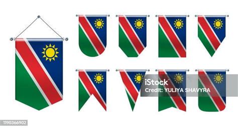 나미비아의 깃발을 매달려 의 집합입니다 국가의 국기의 다양성 모양 배경 여행 배너 웹 로고 상 업적 축제 카니발용 수직 템플릿 페넌트 3차원 형태에 대한 스톡 벡터 아트 및