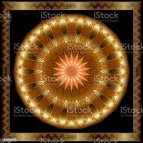 골드 3d 만다라 패턴 사각형 프레임입니다 벡터 플로럴 배경 장식 적인 럭셔리 배경 그리스 장식 지그재그 라인 모양 그리스 키 구단 테두리와 추상 둥근 황금 꽃 0명에 대한