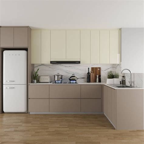 Beige And Cream L Shaped Modular Kitchen Design With Work Triangle