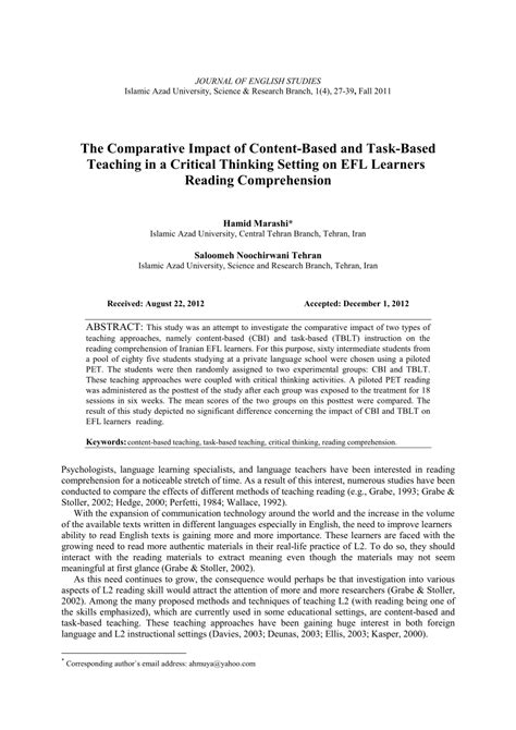 Pdf The Comparative Impact Of Content Based And Task Based Teaching