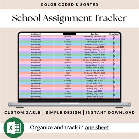 School Assignment Tracker Color Coded Excel Spreadsheet Digital