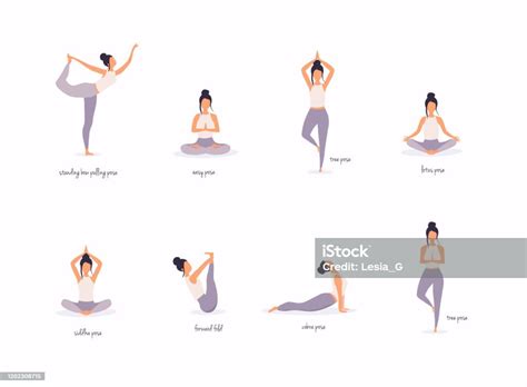 요가의 다양한 포즈에서 여자 요가 피트니스 운동을하고 여자의 모양 요가 위치의 집합입니다 요가에 대한 스톡 벡터 아트 및 기타 이미지 Istock