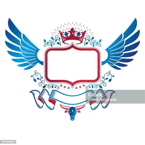 그래픽 날개 상징 로얄 크라운 요소 오각형 별과 럭셔리 리본으로 구성 되어 있습니다 팔의 문장 학 외 투 장식 기호 고립 벡터 일러스트 레이 션 경호에 대한 스톡 벡터 아트