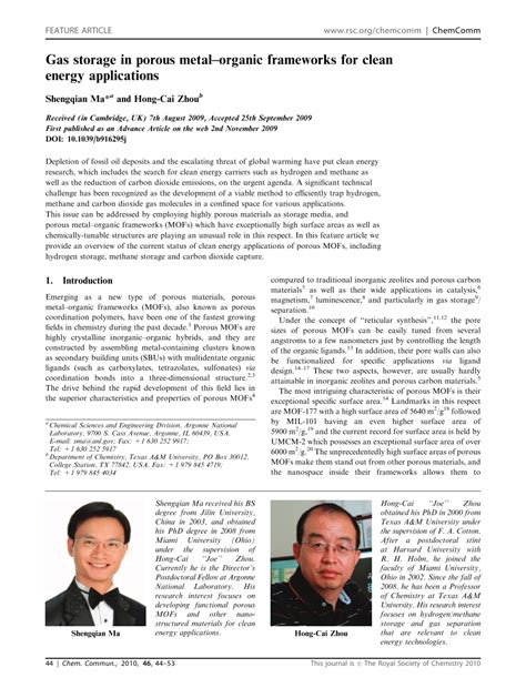 Pdf Gas Storage In Porous Metal Organic Frameworks For Clean Energy Applications