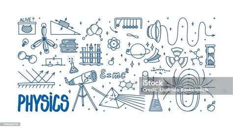 자석 프리즘 망원경 및 원자와 물리학 낙서 손으로 그린 과학 항목 백색 배경에서 격리된 물리 이론 요소 및 수식 방정식 낙서 벡터 일러스트가 있는 카드 물리학에 대한 스톡