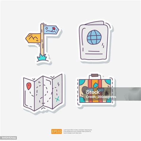 여행 여행과 휴가 휴가 개념 벡터 그림입니다 간판 지도 신분증 여권 여행 가방 여름과 관광 낙서 스티커 세트 아이콘 가방에 대한 스톡 벡터 아트 및 기타 이미지 Istock