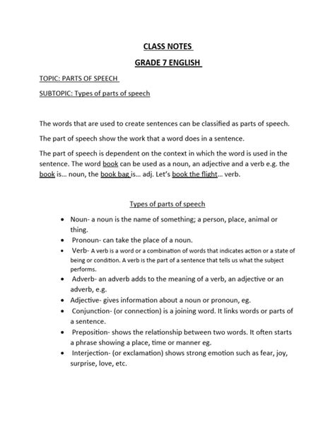 Class Notes Grade 7 English Pdf