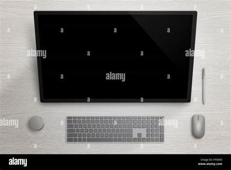 Big Touch Screen Display On Gray Surface Board Pen Mouse Keyboard And Dial Beside Top View