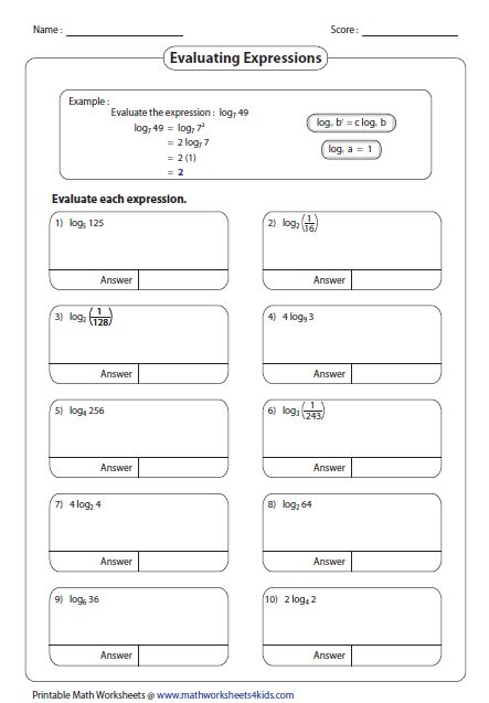 logarithms worksheets