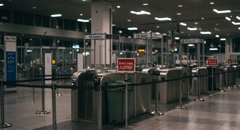 Empty Security Checkpoint Closed At Night Dimly Lit Interior With