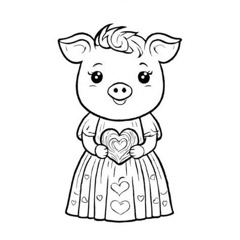 Descarga Cerdita De Dibujos Animados Linda Con Un Vestido Sosteniendo Un Corazón Páginas Para