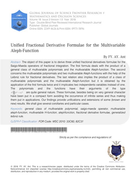 Pdf Unified Fractional Derivative Formulae For The Multivariable Aleph Function Unified