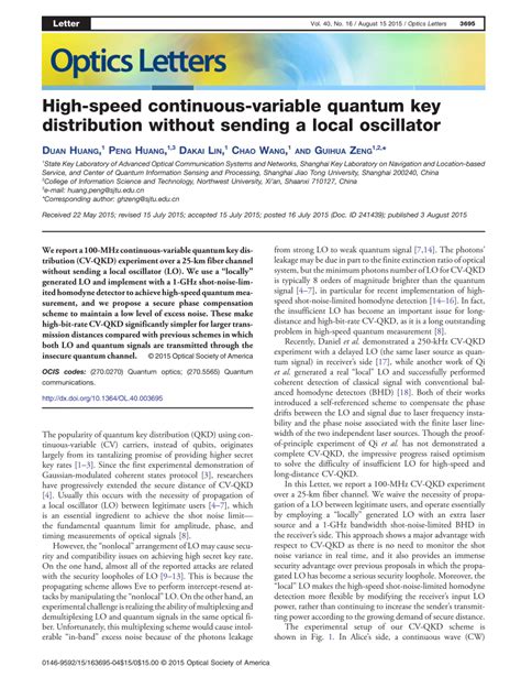 Pdf High Speed Continuous Variable Quantum Key Distribution Without