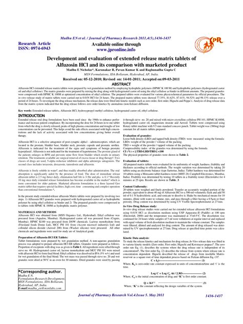 Pdf Development And Evaluation Of Extended Release Matrix Tablets Of Alfuzosin Hcl And Its