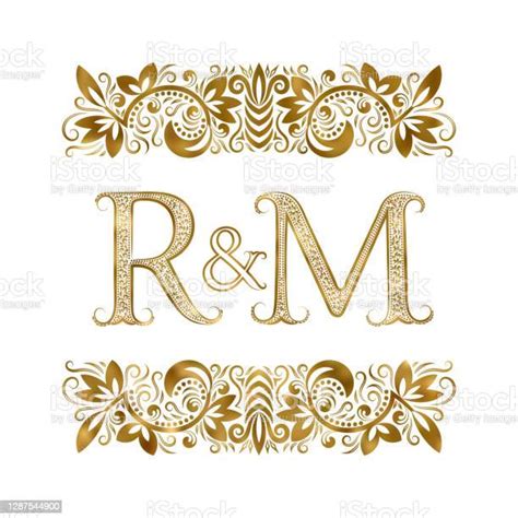 R 및 M 빈티지 이티엄 기호 문자는 장식 요소로 둘러싸여 있습니다 결혼식 또는 비즈니스 파트너 로얄 스타일의 모노그램 결혼식에 대한 스톡 벡터 아트 및 기타 이미지