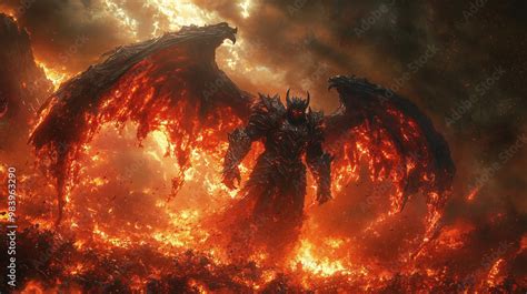 Massive Demon Lord With Fiery Wings And Black Spiked Armor Towering In