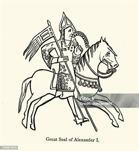 군사 역사 갑옷 스코틀랜드의 알렉산더 1 세 왕의 인장 12 세기부터 창과 방패가 달린 사슬 갑옷을 입고 말을 탄 기사 스코틀랜드에 대한 스톡 벡터 아트 및 기타 이미지