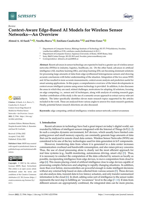 Pdf Context Aware Edge Based Ai Models For Wireless Sensor Networks