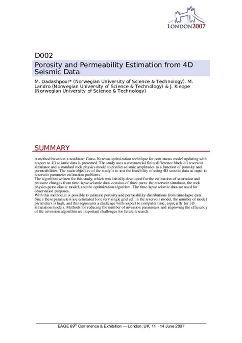 Pdf Porosity And Permeability Estimation From 4d Seismic Data