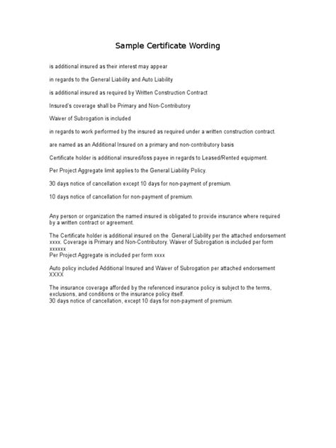 Sample Certificate Wording Pdf Law