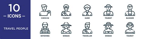 여행 사람들 개요 아이콘 세트에는 얇은 라인 체크인 가이드 블로거 여자 여자 관광객 보고서 프리젠 테이션 다이어그램 웹 디자인을위한 스카이 다이빙 아이콘이 포함됩니다 관광에
