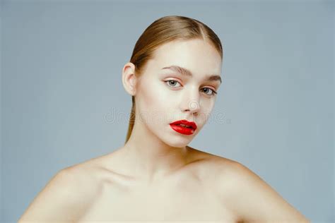 Portrait Of Attractive Woman With Red Lips Posing Grey Background Stock Image Image Of