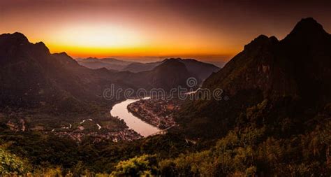 Sunset Aerial View Of Nong Khiaw La Stock Image Image Of Panorama