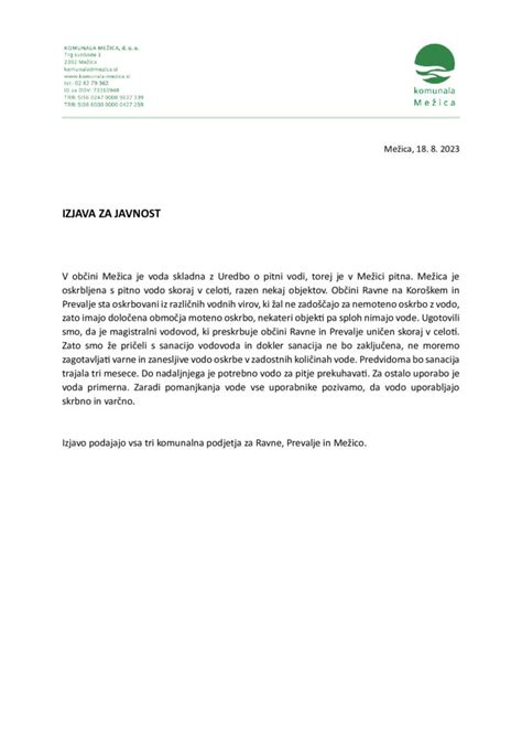 Izjava Za Javnost Komunala Mežica