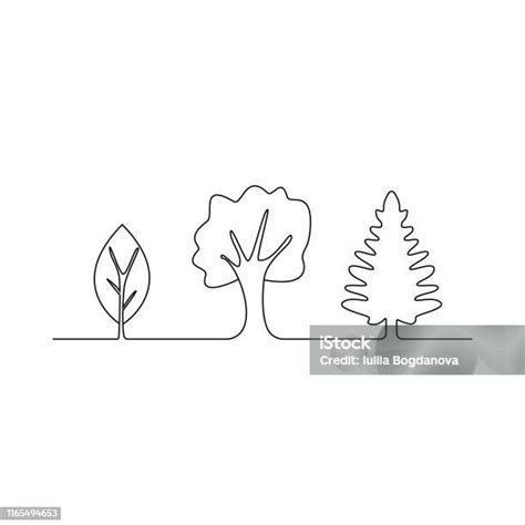 흰색 배경에 나무의 연속 라인 그리기입니다 벡터 그림입니다 가로 아이콘입니다 숲 속 자작 나무 참나무와 가문비 나무 행성의 폐 숲 기호 기호 한붓그리기에 대한 스톡 벡터