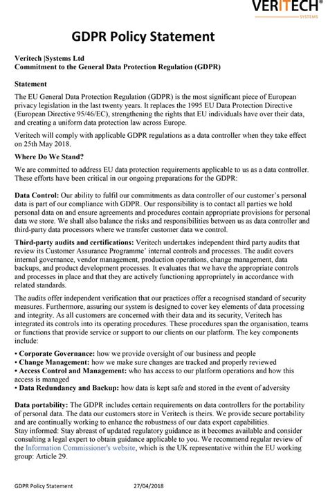 Gdpr Policy Statement 2018 Veritech Security
