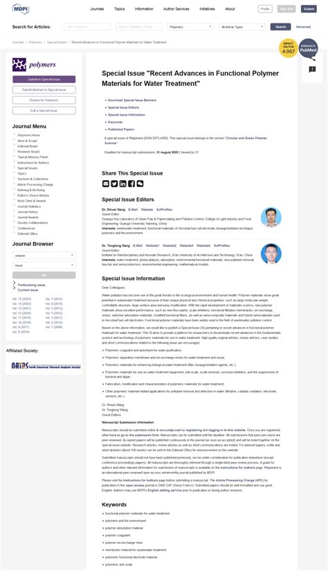 Pdf Special Issue Call For Papers Recent Advances In Functional Polymer Materials For Water