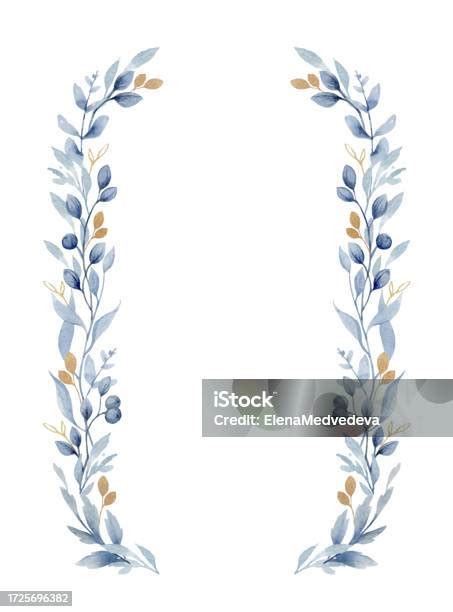 먼지 투성이의 파란색 꽃과 나뭇잎이 있는 수채화 벡터 프레임입니다 청첩장 날짜 저장 인쇄 가능 가정 장식에 적합합니다 손으로 그린 그림 결혼식에 대한 스톡 벡터 아트 및