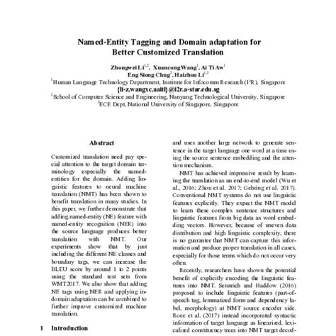 Named Entity Tagging And Domain Adaptation For Better Customized Translation Acl Anthology