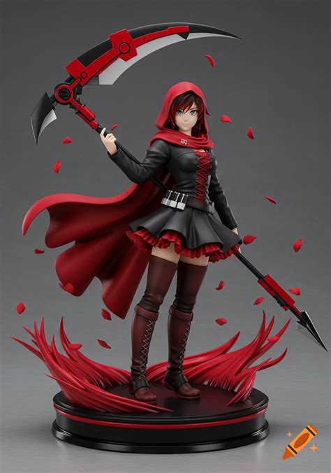 A Detailed Plastic Statue Of Ruby Rose From Rwby Holding Her Scythe