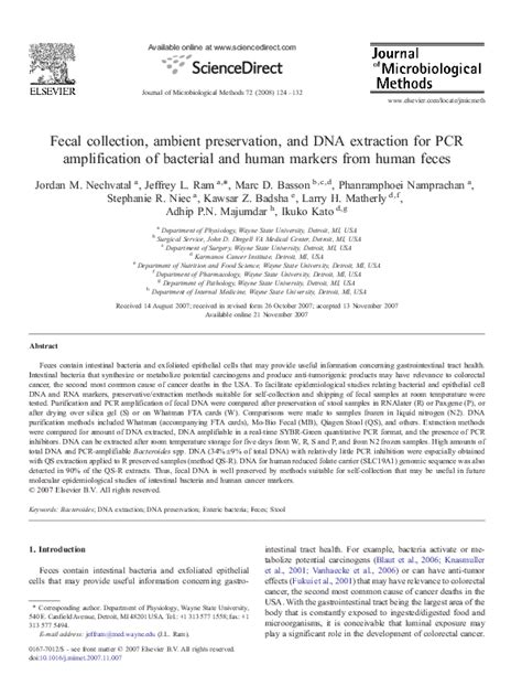 Pdf Fecal Collection Ambient Preservation And Dna Extraction For