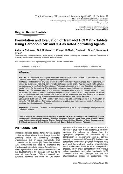 Pdf Formulation And Evaluation Of Tramadol Hcl Matrix Tablets Using Carbopol 974p And 934 As