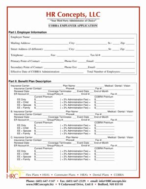 Cobra Employer Application Form Blank Fillable Template Fill Out