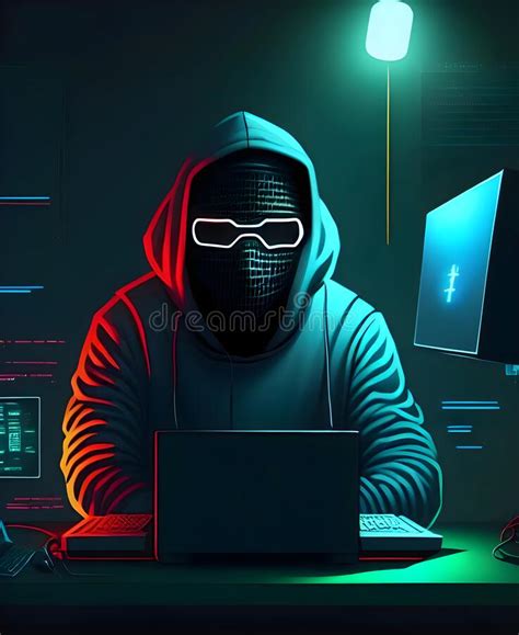 The Cyber Crime Hacker On The Computer System In The Dark Room Stock