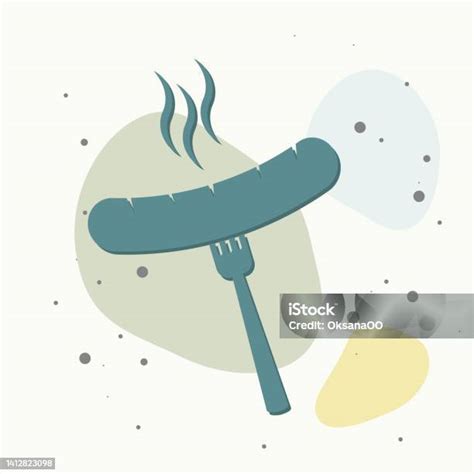 벡터 소시지와 포크 아이콘입니다 여러 가지 색상의 배경에 바베큐 기호 고기에 대한 스톡 벡터 아트 및 기타 이미지 고기