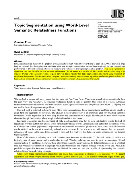 Pdf Topic Segmentation Using Word Level Semantic Relatedness Functions
