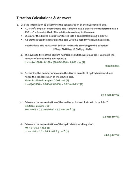 Titration Calculations And Answers Pdf Acid Sodium Hydroxide