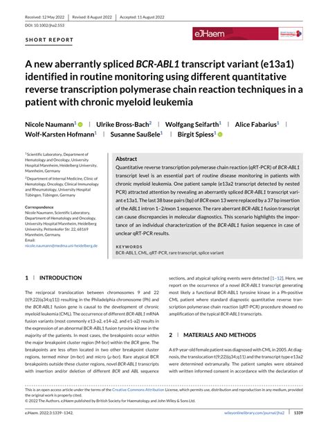 Pdf A New Aberrantly Spliced Bcr‐abl1 Transcript Variant E13a1