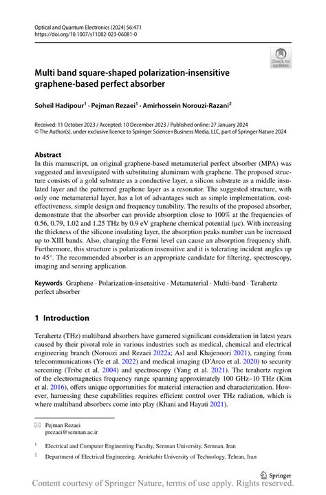 Multi Band Square Shaped Polarization Insensitive Graphene Based Perfect Absorber Request Pdf