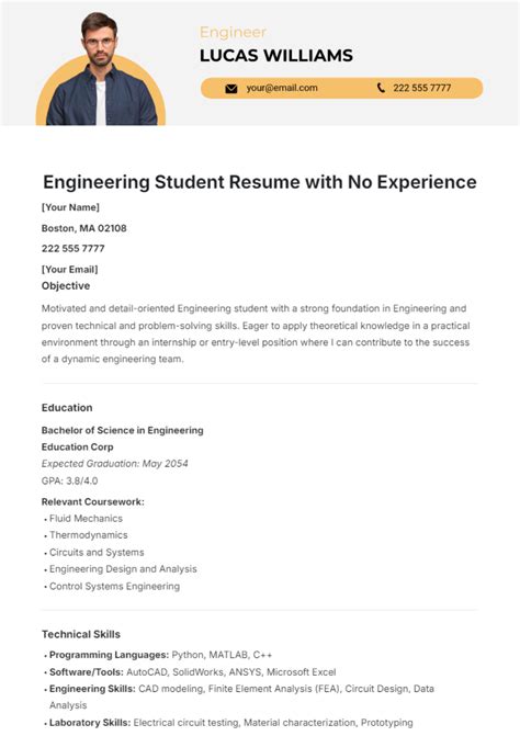 Free Engineering Student Resume With No Experience Template To Edit Online