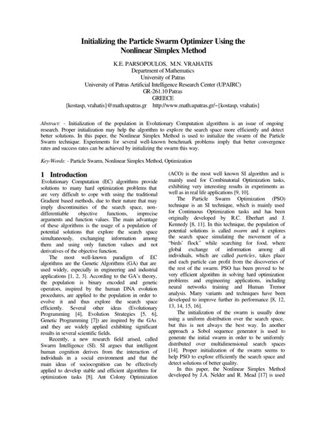 Pdf Initializing The Particle Swarm Optimizer Using The Nonlinear Simplex Method