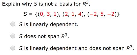 solved explain why s is not a basis for r3 s { 0 3 1
