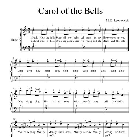 Simplified Carol Of The Bells Grade 1 Very Easy Piano Sheets