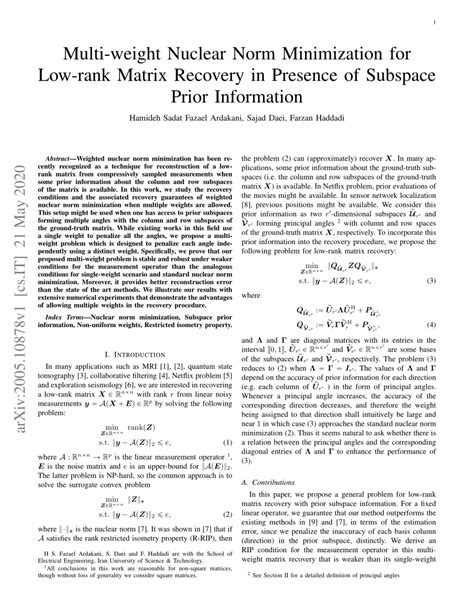 Pdf Multi Weight Nuclear Norm Minimization For Low Rank Matrix Recovery In Presence Of